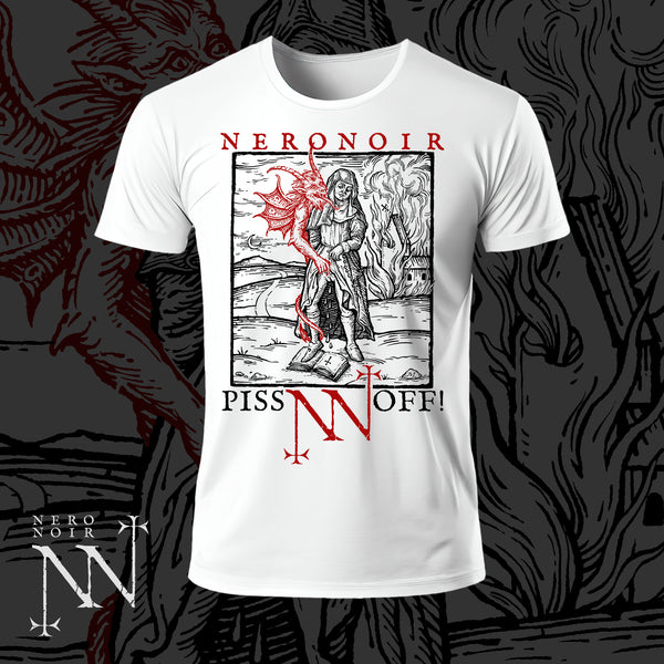 NeroNoir 'Piss Off' weißes T-Shirt — eine Marke von Nergal | Vorbestellung